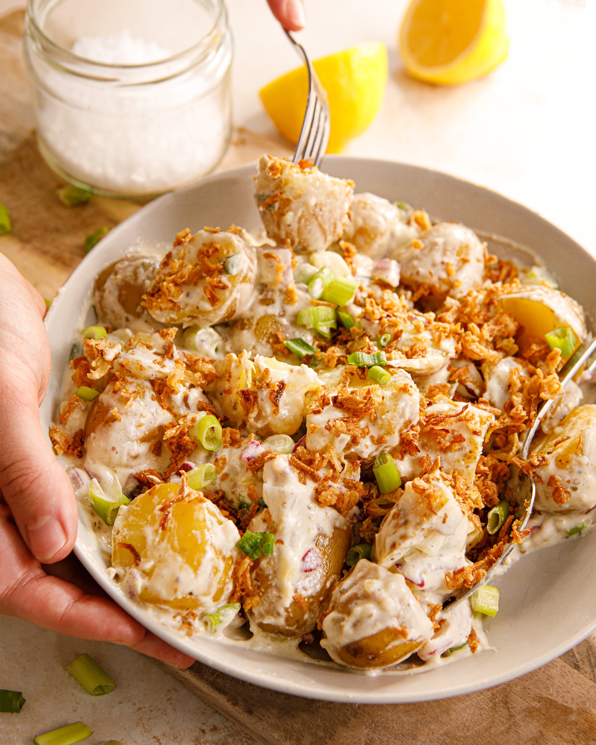 Cheesy Plant-Based Potato Salad – Honestly Tasty